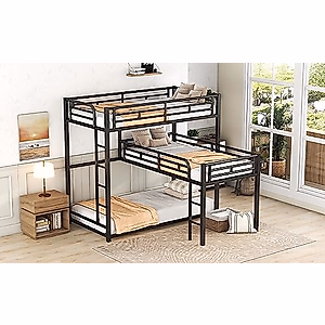 Twin Bunk Bed, Black Twin Bed L-Shaped Metal Triple Bed Frame for Kids and Toddlers, Non-Slip and Noise-Free