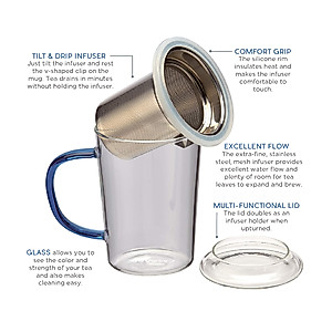 casaWare 18-Ounce Borosilicate Glass Tea Infuser Mug with Lid (Blue Handle)