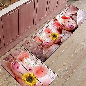 Midetoy Kitchen Rugs and Mats Set Pig Sunflower Farm Anti Fatigue Kitchen Rug Non Slip Floor Rugs Indoor Outdoor 17.7"x59"+17.7"X29"