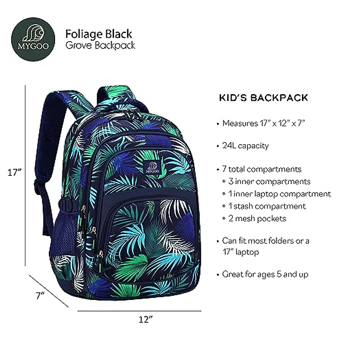 MYGOO Kids Backpack for Boys | Tropical Design Backpack for Teen | Grove Collection | 17" Tall | 24L Capacity | Foliage Black