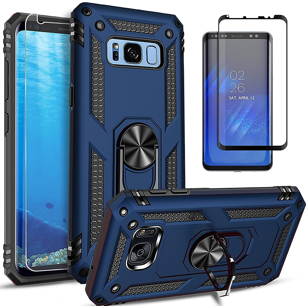 STARSHOP Samsung Galaxy S8 Plus Case, with [Tempered Glass Screen Protector Included] Military Grade Shockproof Dual Layer Protective Phone Cover with Metal Ring Kickstand - Navy