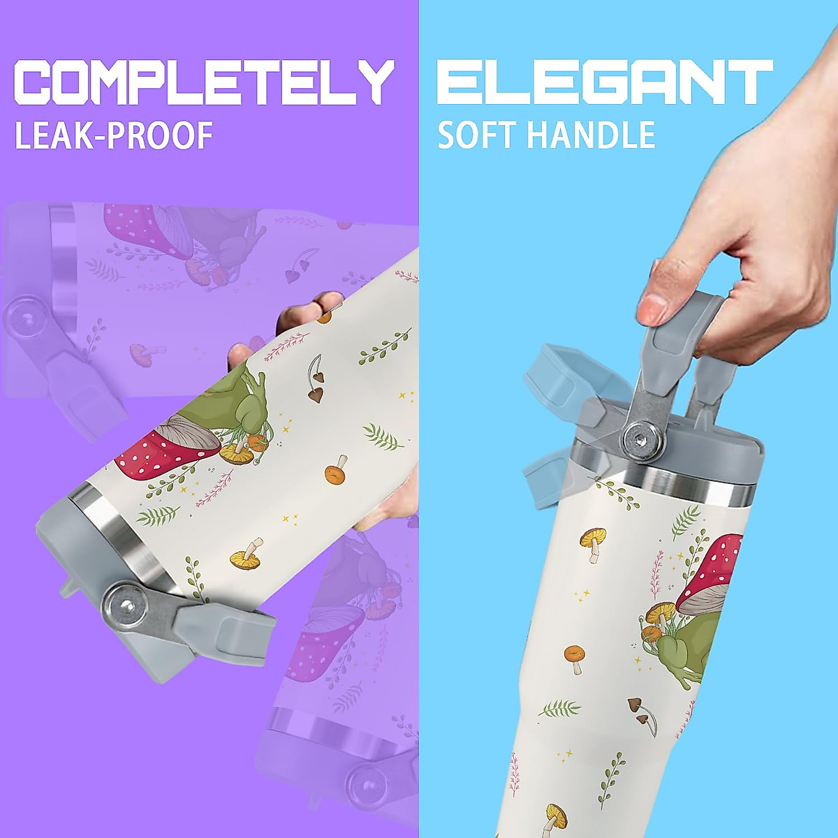 Unyopsa Frog Tumbler with Straw 30oz Insulated Mushroom Tumbler with Lid Cute Mugs Cup with Handle Frog Gifts for Women