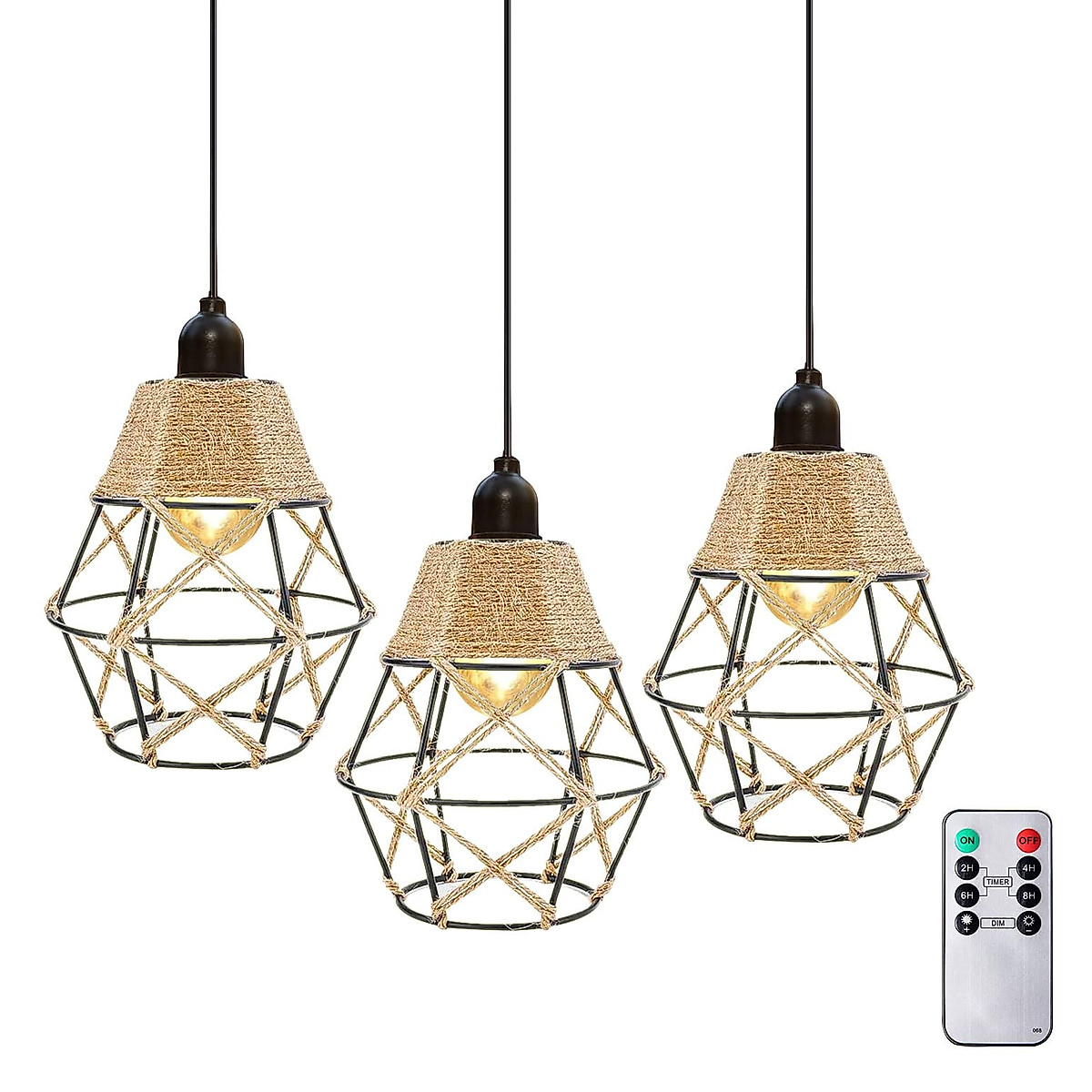 3er Pack Battery Operated Pendant Light Indoor Chandelier Hanging Lamp with Remote Control Timer LED Bulbs Boho Rattan Shade Outdoor Lantern for Gazebo Porch Patio Backyard Powered by 4*AA Batteries