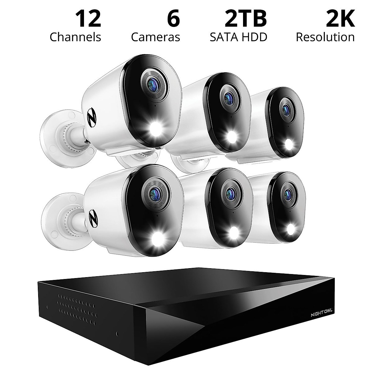 Night Owl 2-Way Audio 12 Channel DVR Video Home Security Camera System with (6) Wired 2K HD Indoor/Outdoor Deterrence Cameras and 2TB Hard Drive (Add up to 4 More Wired and 4 Wi-Fi Cameras) (6 Camera)