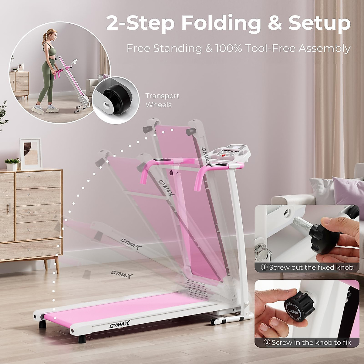 GYMAX Foldable Treadmill, Freestanding Easy Assembly Folding Treadmill with 12 Preset Programs, LCD Monitor, Built-in Wheels & Pulse Sensor, Portable Compact Running Machine for Small Space (Pink)