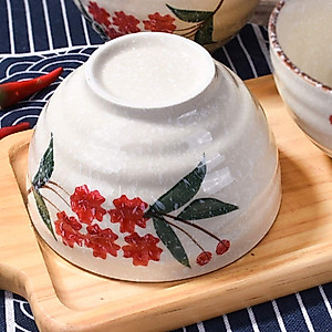 LMRLCS Japanese Style Snowflake Rice Bowl set of 4, Ceramic Rice Bowls for Rice Soup Oat (Red)