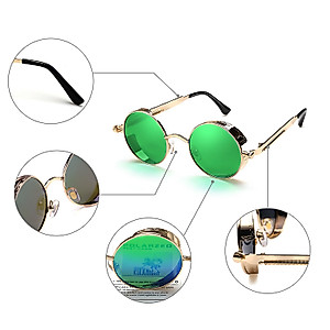 ROCKNIGHT Steampunk Polarized Circle Sunglasses For Men Women Mirrored Green Sunglasses Metal Frame