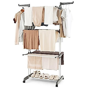 Tangkula 4-Tier Clothes Drying Rack, Collapsible Laundry Rack Stand with 2 Hanger Holders, 3 Tier Retractable Trays, 1 Bottom Shoe Rack, Movable Garment Drying Station with 4 Castors (Silver)