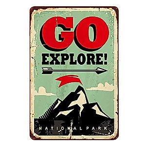 AOYEGO Go Explore Tin Sign,National Park Camping Explore Adventure Life Vintage Metal Tin Signs for Cafes Bars Pubs Shop Wall Decorative Funny Retro Signs for Men Women 8x12 Inch