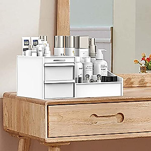 Makeup Desk Cosmetic Storage Box Organizer with Drawers for Dressing Table, Vanity Countertop, Bathroom Counter, Elegant Vanity Holder for Brushes, Eyeshadow, Lotions, Lipstick and Nail Polish (White)