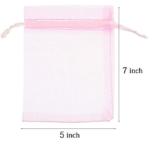 100 Pcs 5x7 inches Gift Wrap Bags Pink, Organza Sheer See Through Fabric, Drawstring Satin Ribbon Pouches for Baby Shower Favor, Party Wedding Favors Decoration, Card Deck, Jewelery, Boys Holiday Gift