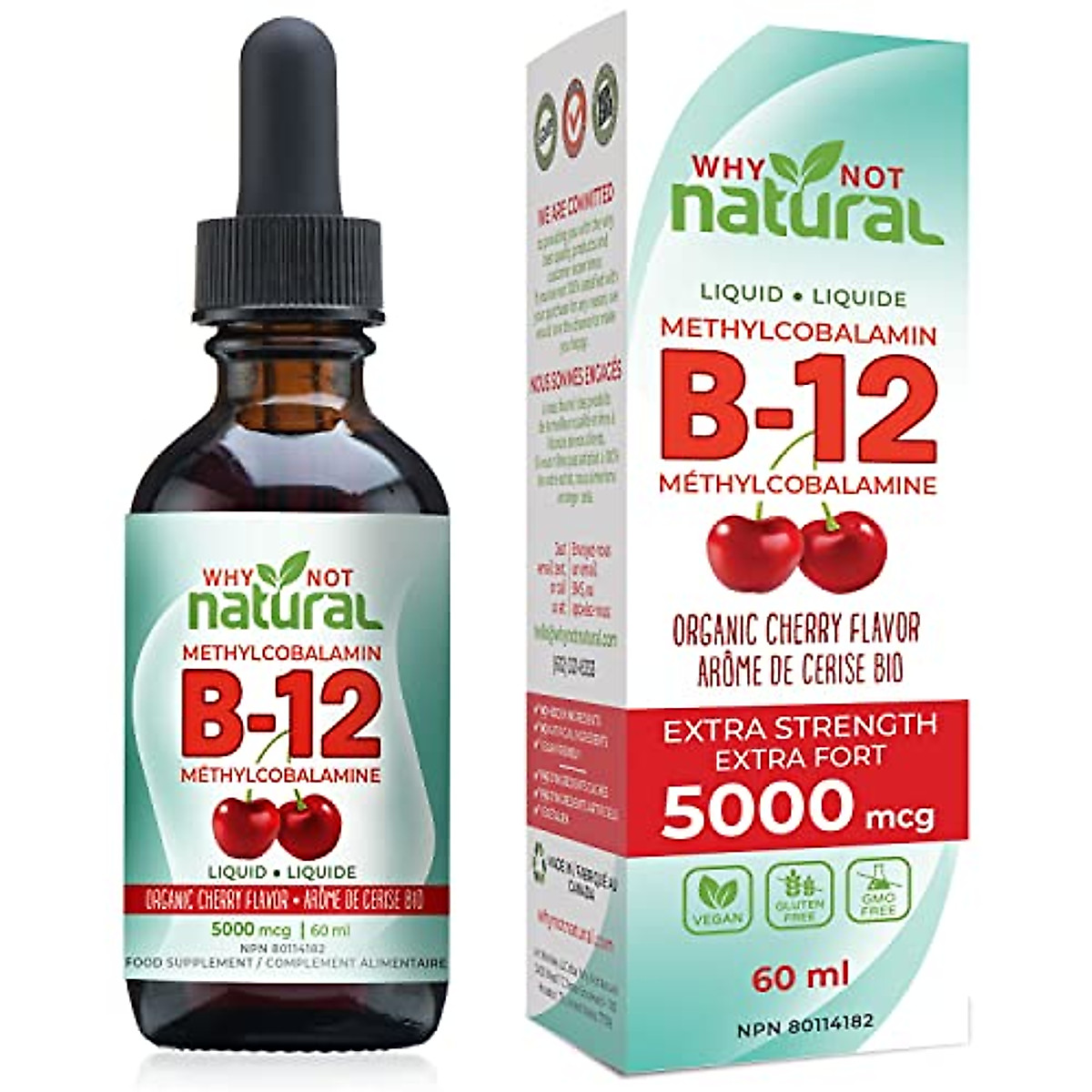 Organic Vitamin B12 Liquid - Sublingual Extra Strength 60 x 5000 mcg Drops, Methylcobalamin, Natural Cherry Flavor, Vegan, Maximize Absorption and Energy