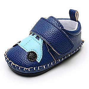 Lidiano Baby Non Slip Rubber Sole Cartoon First Walking Slippers Crib Shoes Newborn Infant Toddler Training Shoes (12-18 Months, Blue Car)
