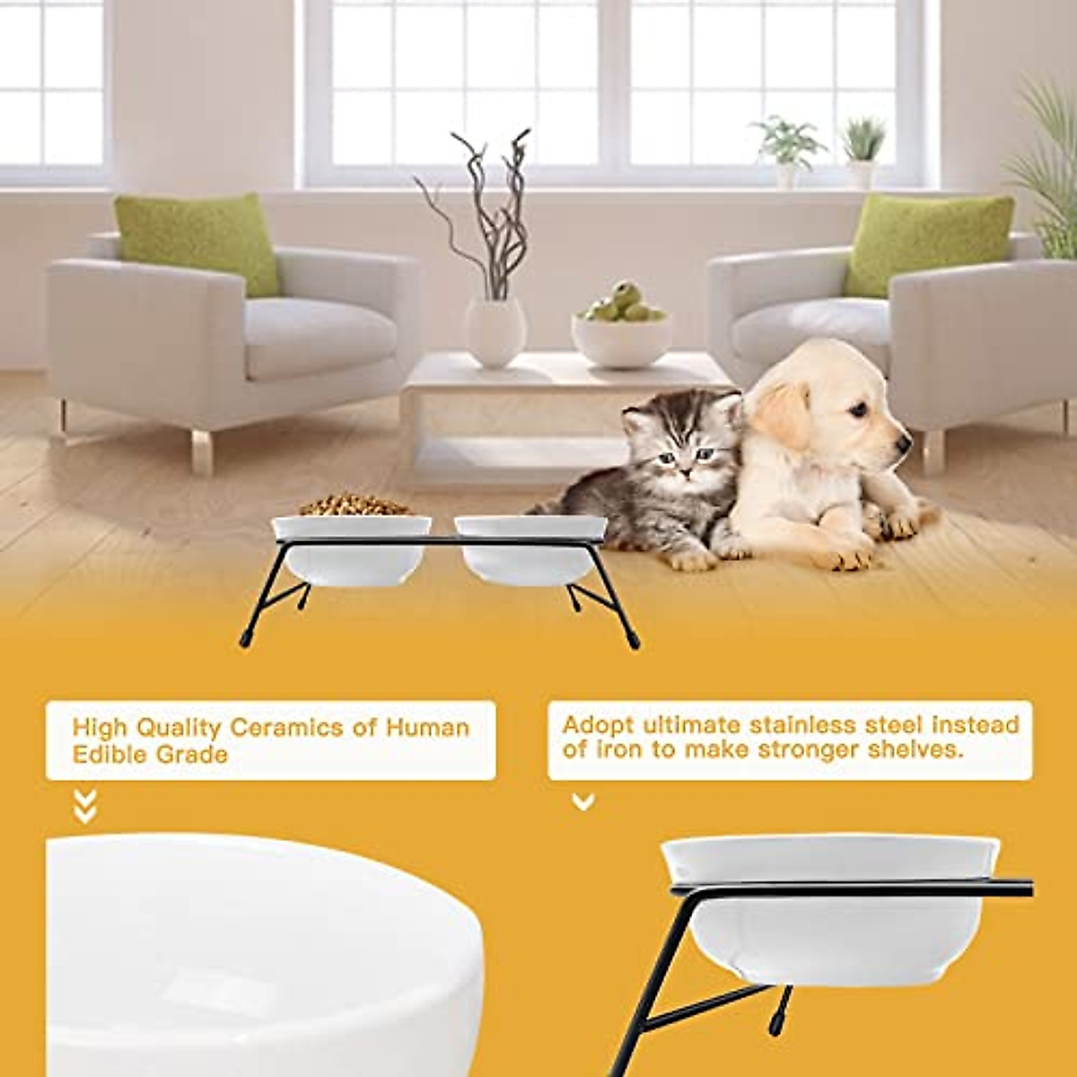 Cat Bowls, Upgraded 13 oz Ceramic Elevated Cat Food Bowls for Food and Water, Raised 2 Cat Dishes with Stainless Steel Stand Non-Slip and Anti-Rust, for Indoor Cats and Small Dog Bowl, Dishwasher Safe