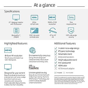 HP New Premium 27f 4K Monitor: 27" UHD 3840 x 2160 (4K) IPS Micro-Edge Display, AMD FreeSync Tech, Height/Tilt Adjustment, HDMI, DisplayPort, 5ms Response time, 16:9 Aspect Ratio, 60Hz,TF HDMI Cable