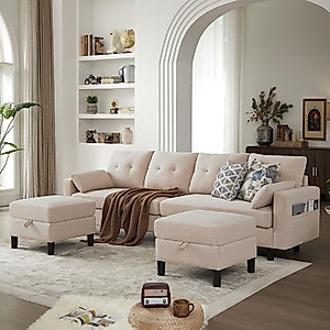 Tornama 101" Sectional Sofa Couch, Modern Polyester Convertible U Shaped Couch with Double Chaise and Storage Pocket, 4-Seat Sofa Set for Living Room, Beige
