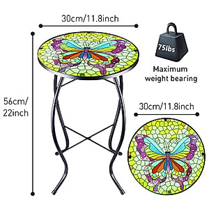 Patio Side Table Outdoor Mosaic Table Accent Coffee Table,Plant End Table Small Porch Colorful Butterfly Indoor,Round Glass Balcony Small Porch Plant Table Stands for Garden Patio Living Room 14 Inch