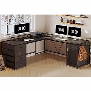 SEDETA L Shaped Desk, 63" Computer Desk with 5 Drawer & Power Outlet,Long Home Office Desk or Corner Desk, L Shaped Corner Desk with Monitor Shelf, Storage Cabinet, Black