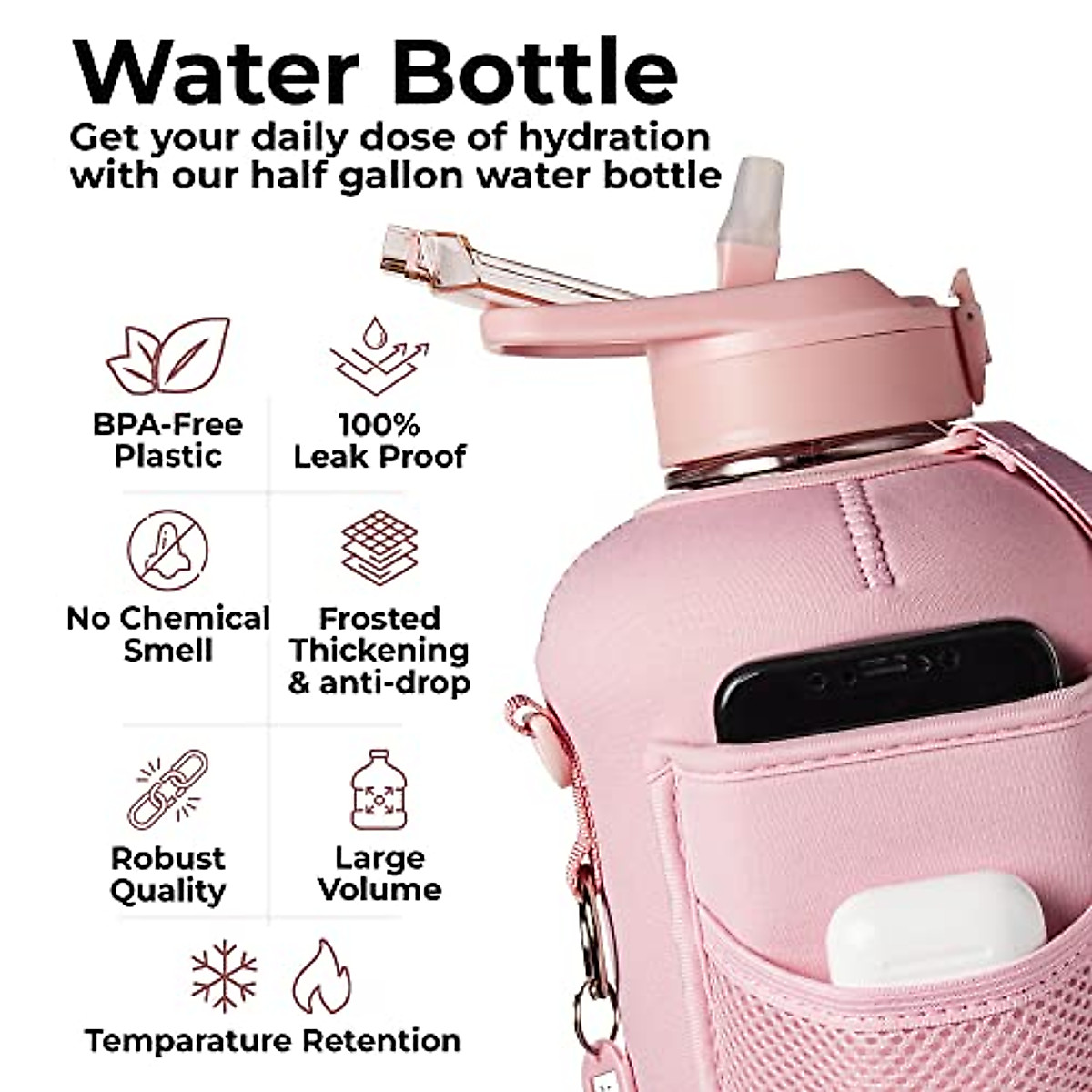 Half Gallon 2.2L Water Bottle With Straw 74oz Large Gym Water Bottle With Storage Sleeve, Bottle Brush, BuiltIn Wallet, Pockets for Phone & AirPod, BPA Free Big Sports Water Jug w/Carry Handle, Pink