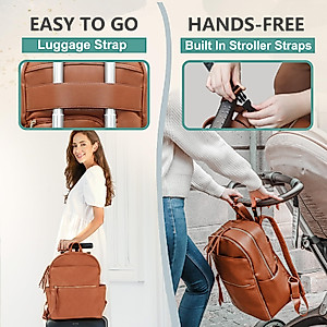 MOMINSIDE Diaper Bag Backpack with 6 Insulated Pockets, Leather Diaper Bag, Large Baby Bag for Mom, Baby Registry, 18 Pockets, Changing Pad, Stroller Straps (Brown)