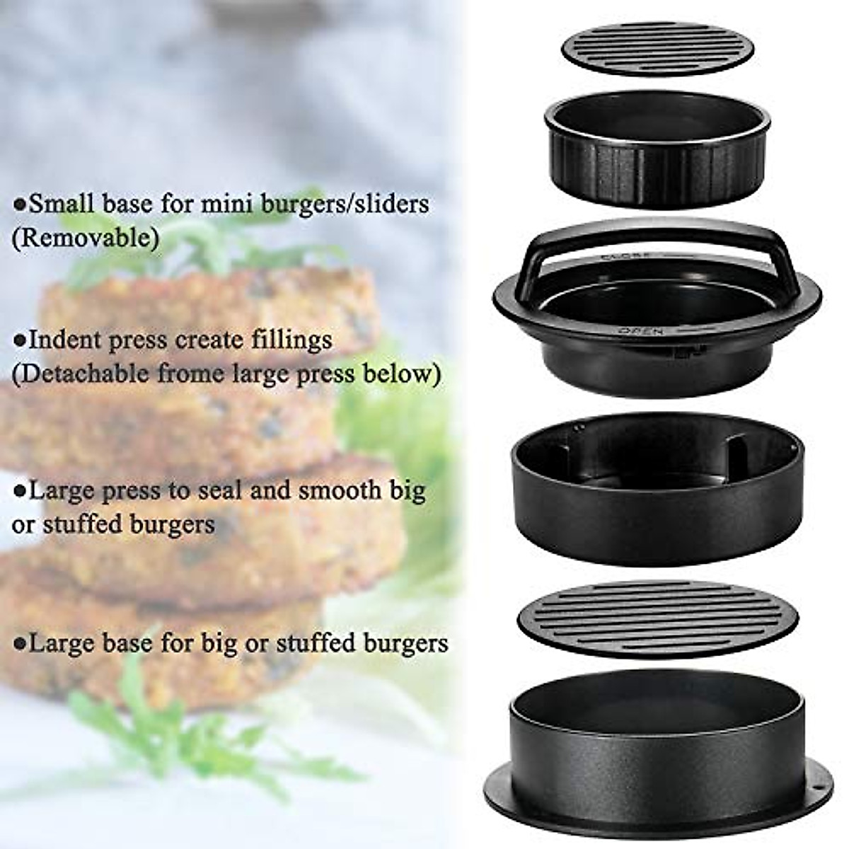 Proigtz Burger Press Patty Maker, Non-Stick Hamburger Patty Maker, 3 in1 Burger Press, Smash Burger Press Suitable for Beef Veggie Bur BBQ Grill BPA Free Dishwasher Safe