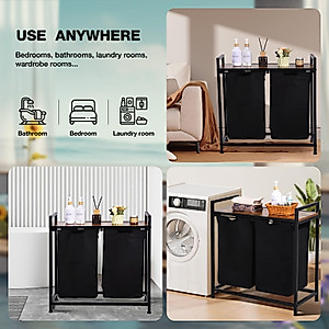 COSYSUPER Laundry Sorter 2 Section with Shelf, Two Section Laundry Hamper Organizer, Laundry Basket with Removable Bag for Clothes Storage, Brown and Black