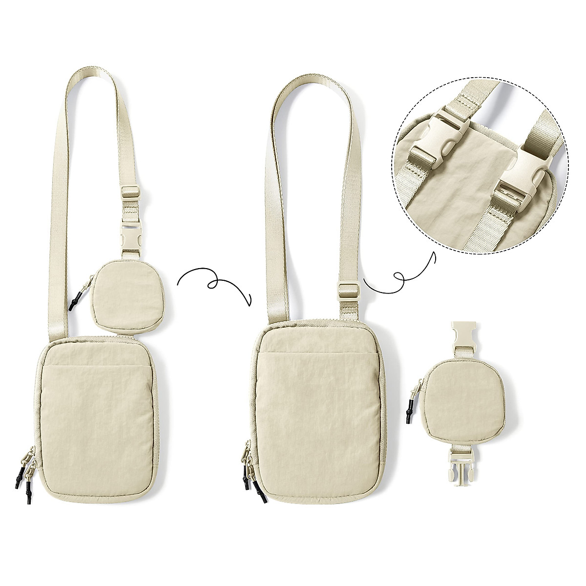 ODODOS Unisex Crossbody Bag with Removable Small Pouch Adjustable Belt Bag for Cell Phone Travel Workout Running Hiking, Charcoal