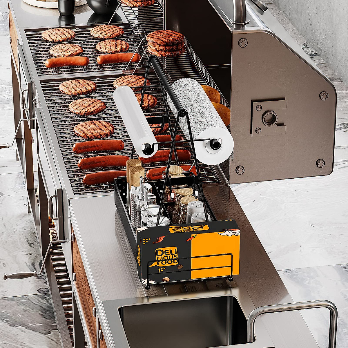 ALIKZO Large Grill Caddy, BBQ Caddy, Utensil Caddy for Camping, Condiment Caddy Silverware Holder, Utensil Holder for Party, with Handle & Paper Towel Holder, Grill Utensil Organizer