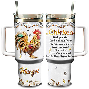WAZONE Personalized A Chicken Tumbler 40oz with Handle and Straw Stainless Steel Jewelry Style Hen Rooster For Chickens Lovers Men Women Poultry Custom Gift Farm Animal