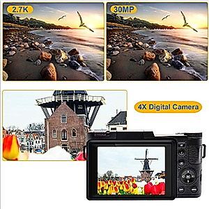 CEDITA 2.7K Digital Camera Vlogging Camera 30MP Full HD Digital Camera with Retractable Flash Light Camera 3 Inch Flip Screen Vlogging Camera for YouTube with Two Batteries, Black