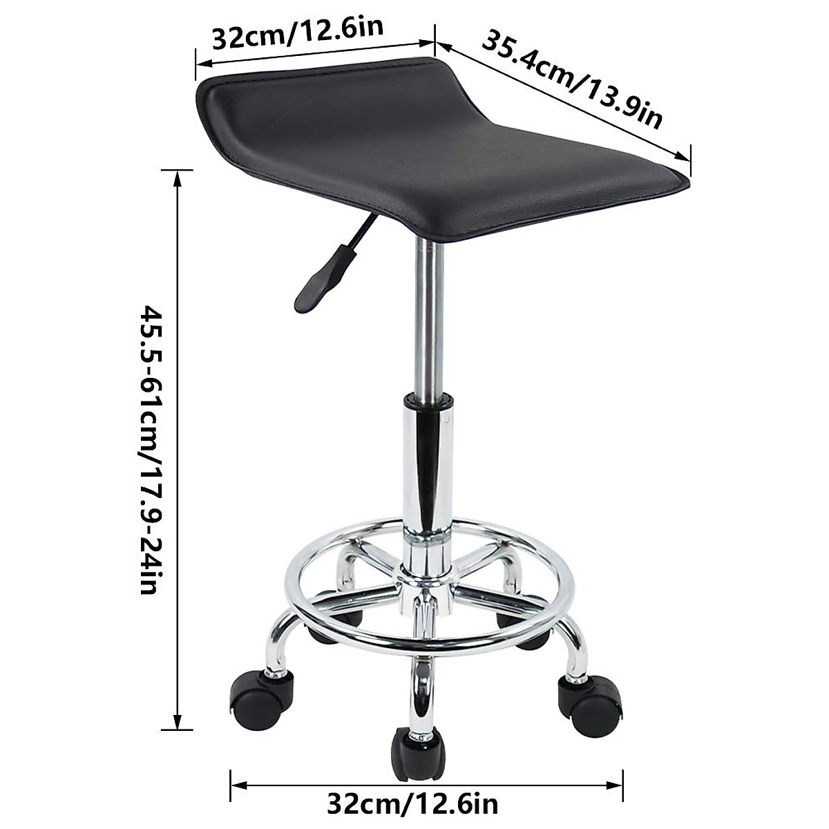 KKTONER Square Height Adjustable Rolling Stool with Foot Rest PU Leather Seat Cushion Spa Drafting Salon Tattoo Work Swivel Office Stools Task Chair Small (Black)