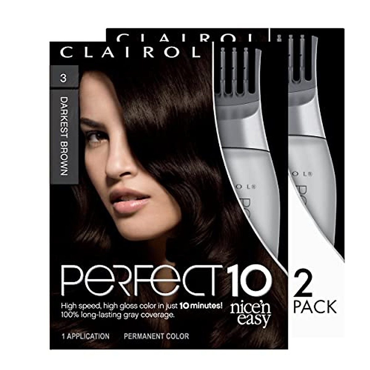 Clairol Nice'n Easy Perfect 10 Permanent Hair Color, 3 Darkest Brown, Pack of 2