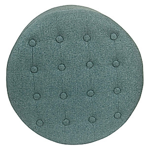 HomePop by Kinfine Fabric Upholstered Round Storage Ottoman - Button Tufted Ottoman with Removable Lid, Teal Woven