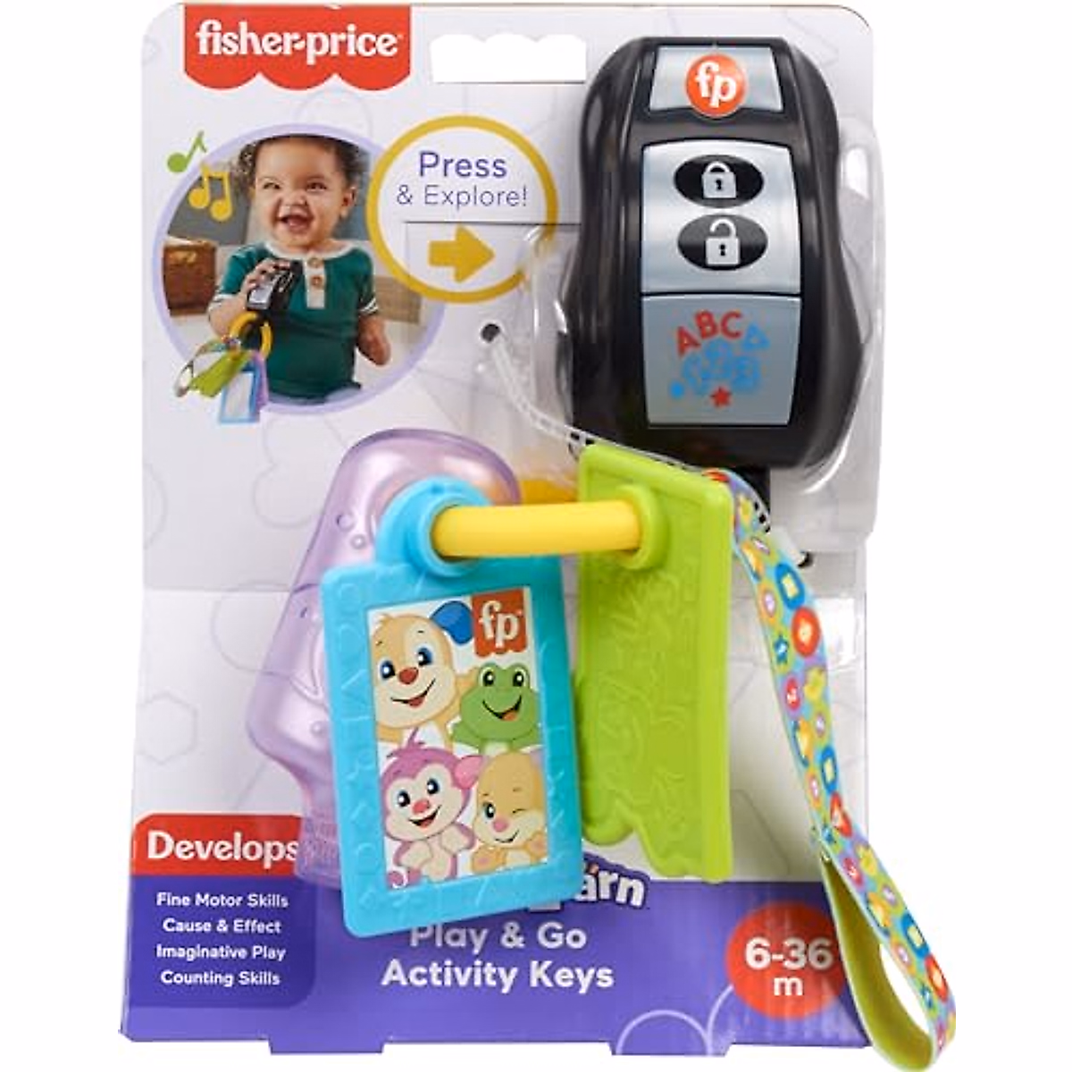Fisher-Price Baby Travel Toy Laugh & Learn Play & Go Activity Keys with Learning Music, Teether & Mirror for Infants Ages 6+ Months