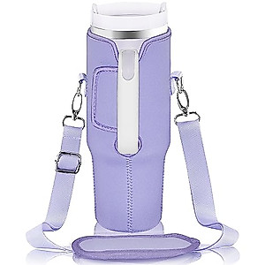OriJoy Water Bottle Carrier Bag Holder for Stanley 40/30 Oz Tumbler Cup Accessories, Neoprene Pouch Sleeve with Adjustable Crossbody Strap, Purple