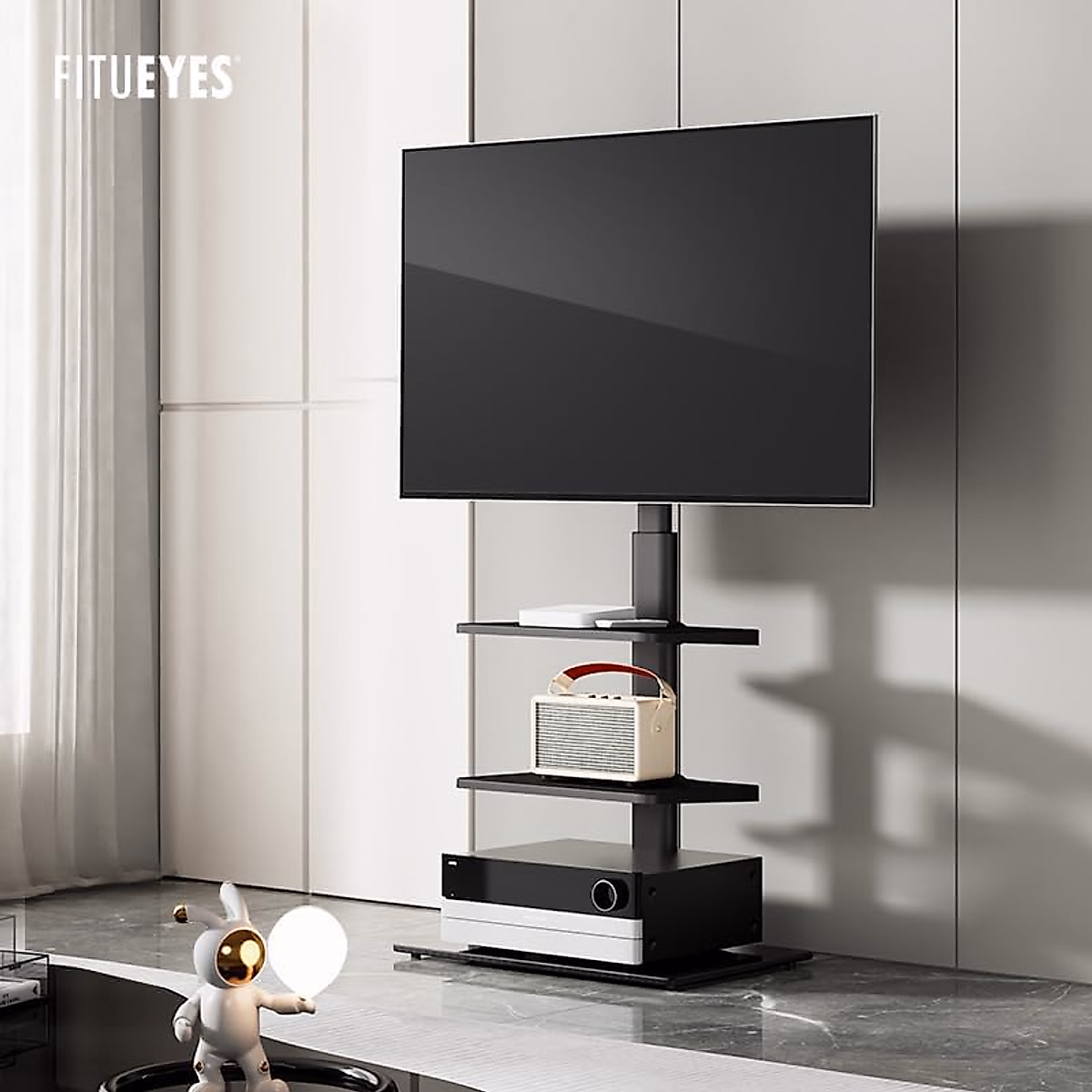 FITUEYES Floor TV Stand for 32 39 40 43 49 50 55 60 Inch TVs, TV Floor Stand with Swivel Mount, Max Holds 66lbs, White Glass Base, Height Adjustable TV Mount for Corner & Bedroom (With 2 Shelf, Black)