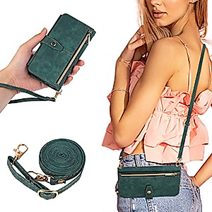 UEEBAI Crossbody Wallet Case for iPhone 7 Plus/iPhone 8 Plus, 9 Card Slots Adjustable Crossbody Zipper Cover Detachable Lanyard Strap Flip Case with Hand Strap Kickstand Case - Retro Green