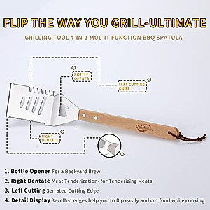 Qinshaine 4-in-1 BBQ Spatula, Multifunction Grill Spatula with Wooden Handle, perfect for BBQ grills and kebabs for camping picnics.