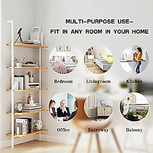 SogesHome Industrial Wall-Mounted Ladder Shelf, 5-Tier Modern Bookshelf with Industrial Metal Frame, Bookcase Organize Plant Flower Display Stand for Kitchen, Living-Room, Bedroom, Office