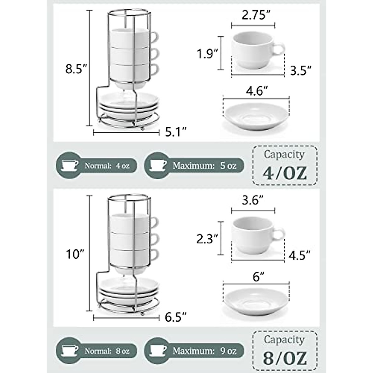 Yedio Porcelain 4 oz Espresso Coffee Cups with Saucers and Metal Stand, Porcelain White Stackable Cappuccino Cups Set of 4