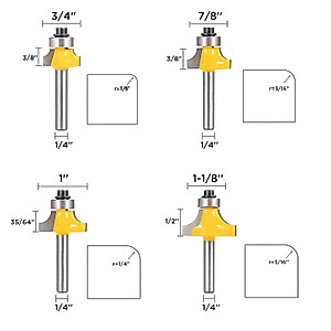 Roundover Router bit Set by TOOLDO ，1/4 inch Shank,4pcs Router bit Set，Bearing Guide for Rounding Edge bit (for R 1/8", 1/4", 3/16", 5/16")