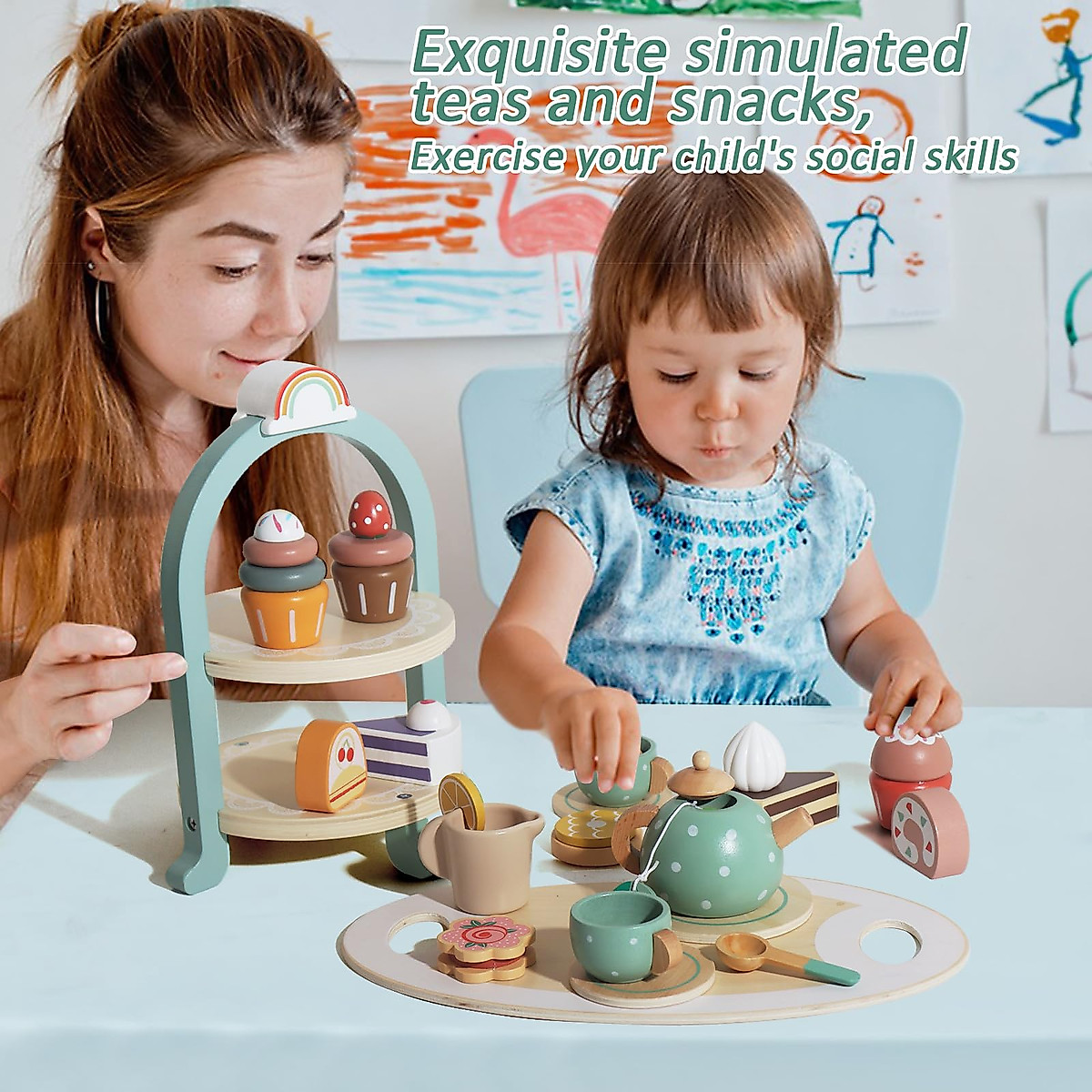 23 Pieces Toddler Tea Set Little Girl Wooden Tea Party Set with Cake Stand and Food Children's Kitchen Game Set Wooden Toys for 3, 4, 5, 6 Year Old Girls Birthday Gifts.