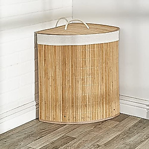 Welcome Industrial Bamboo Clothes Hamper - Clothing Basket with Carrying Handles - Corner