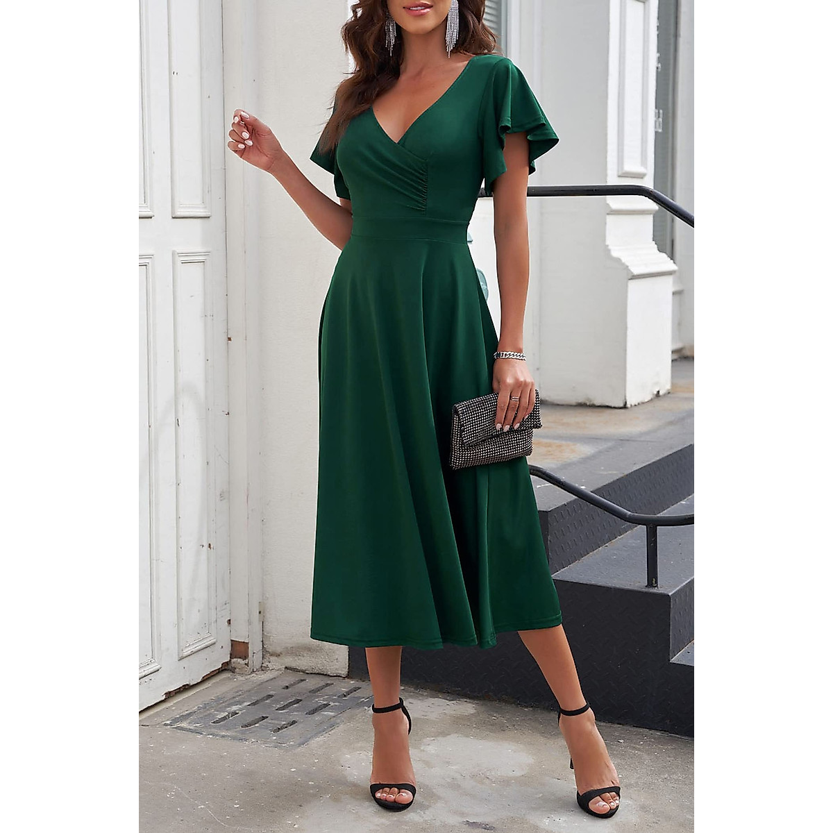 PRETTYGARDEN Women's Summer Midi Dress Ruffle Cap Sleeve V Neck Cocktail Party Swing A Line Fit and Flared Dresses (Dark Green,X-Large)