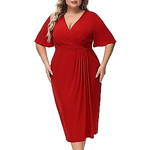 Plus Size Short Bell Sleeve Cocktail Dress Elegant Wear to Work Dress Red 5X