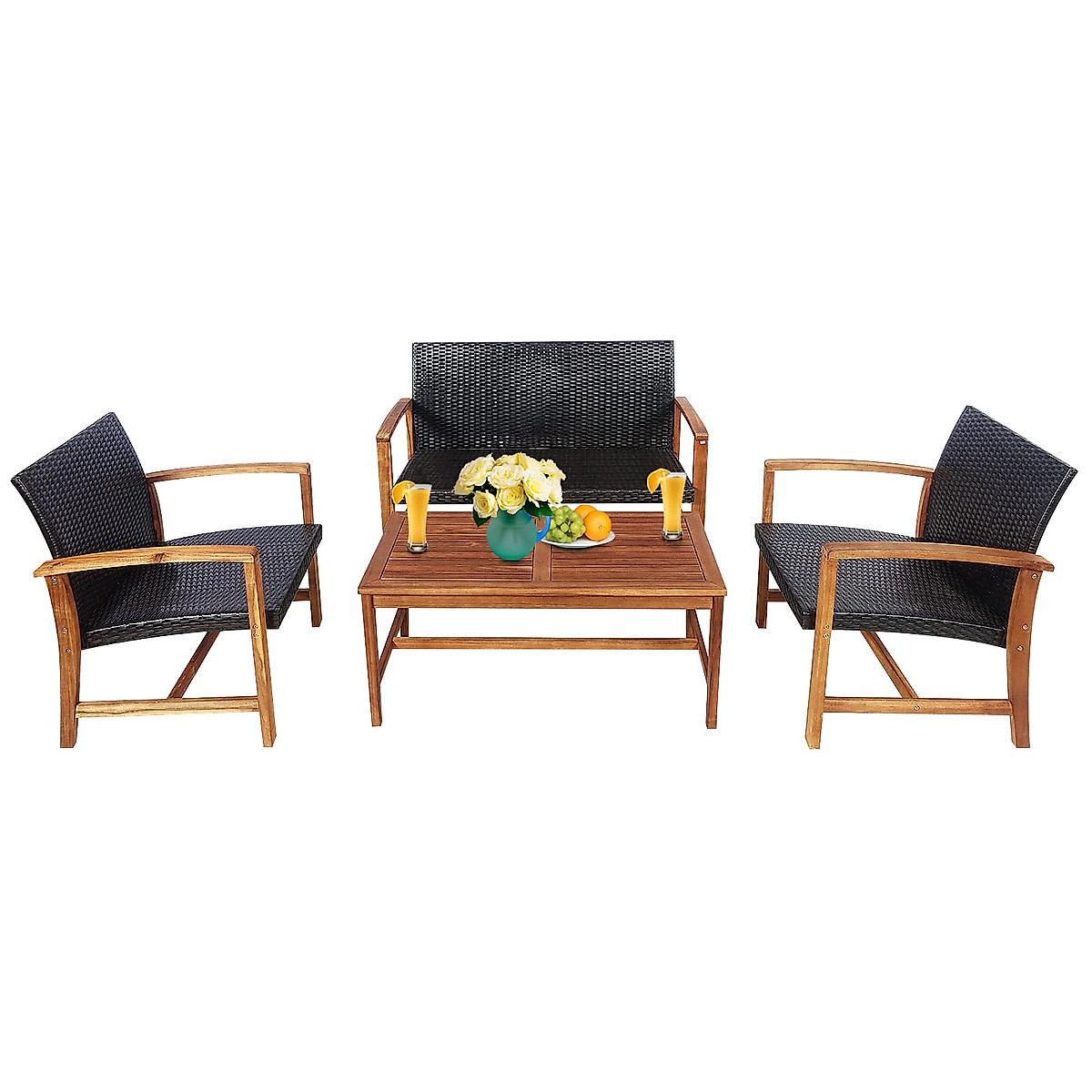 Tangkula 4-Piece PE Rattan Patio Furniture Set, Outdoor Conversation Set with Solid Acacia Wood, Outdoor Bistro Set with 1 Coffee Table, 1 Loveseat and 2 Chairs for Poolside, Backyard and Deck