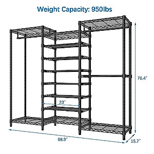VIPEK S3 Heavy Duty Garment Rack Free Standing Clothes Rack Closet Storage Organizer Large Wardrobe with 6-Tier Shoe Rack, Hanging Rod, Adjustable Shelf, 68.9" L x 15.7" W x 76.4" H, Black
