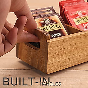 HTB Small Tea Bag Box Wooden, 3 Compartments Acacia Wood Tea Bag Chest with Handle, Mini Countertop Divided Storage Container for Beverage Supplies, Sugar, Sweeteners, Individual Packets