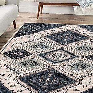 SUPERIOR Poway Collection Indoor Large Area Rug, Geometric Diamonds, Home Decor Perfect for Dining Room, Living, Bedroom, Entryway, Kitchen, Dorm, Office, Jute Backing, 5' x 8', White-Navy