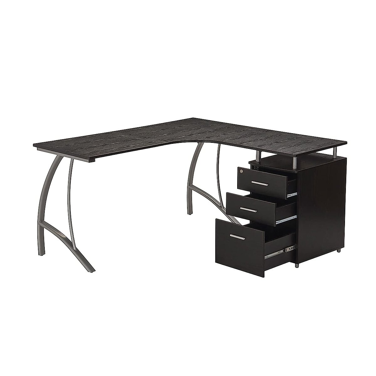 Techni Mobili Modern L Shaped Computer Desk with File Cabinet and Storage, Workstation Table with MDF Panels and PVC Laminate Veneer Surface, Espresso